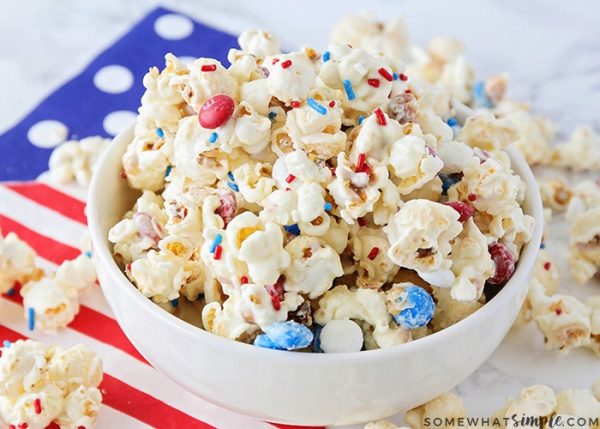 Patriotic White Chocolate Popcorn (Red White Blue) | Somewhat Simple