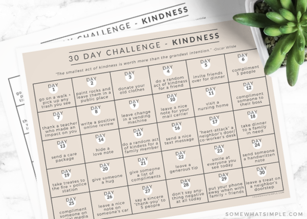 30 Day Kindness Challenge (Printable) - Somewhat Simple